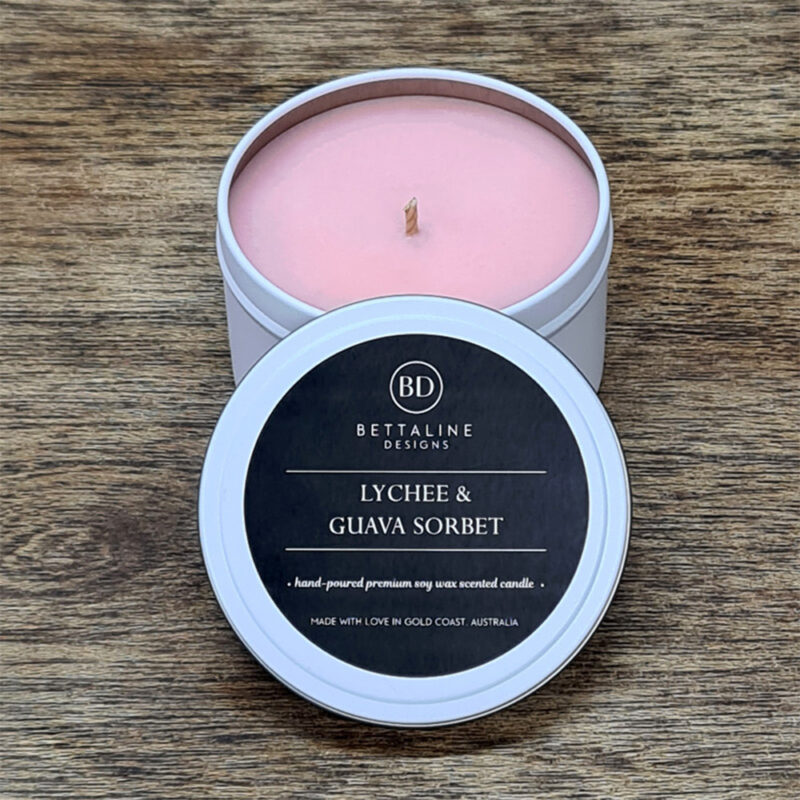Lychee and Guava Sorbet - 100% Soy Wax Scented Tin Candle - Bettaline ...