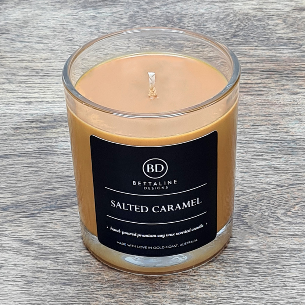 Salted Caramel - 100% Soy Wax Scented Glass Candle - Bettaline Designs
