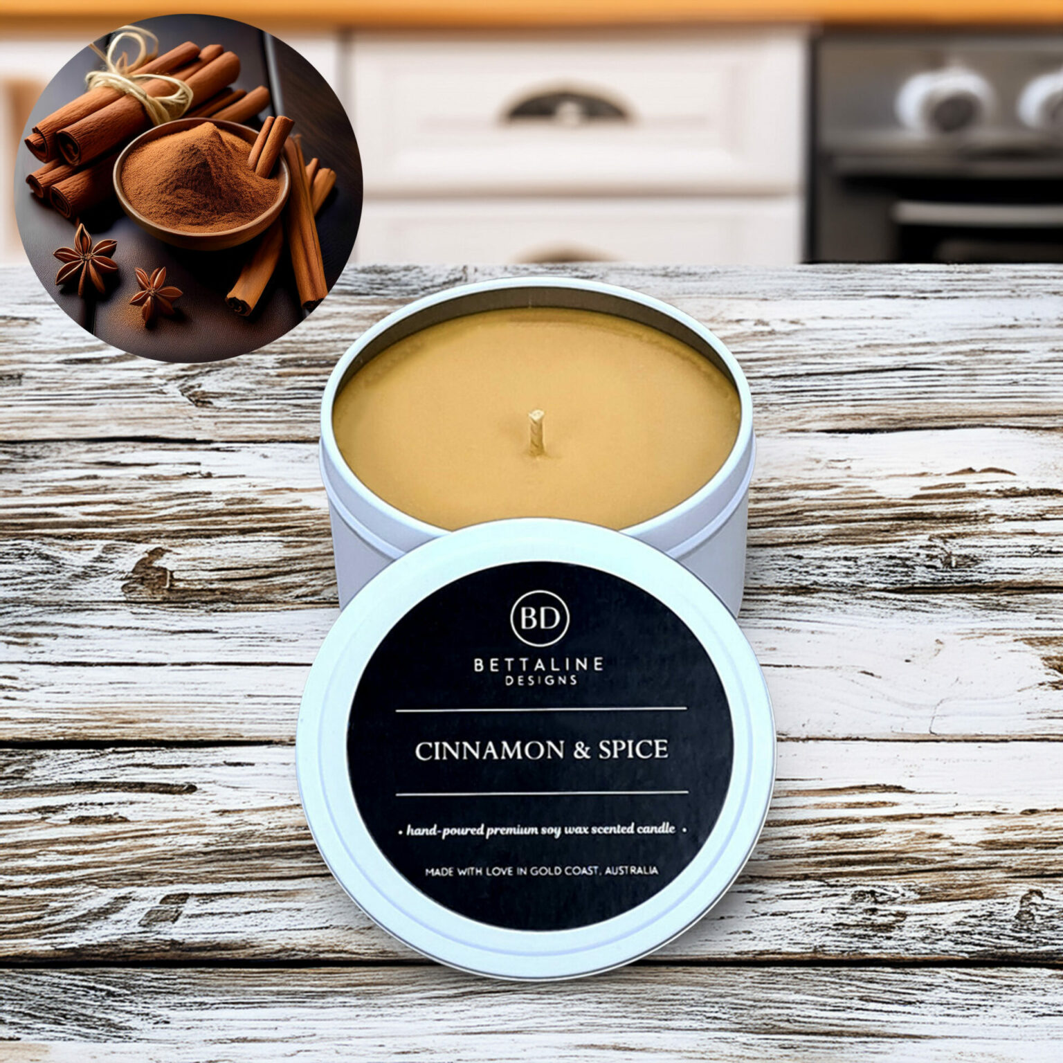 Cinnamon and Spice - 100% Soy Wax Scented Tin Candle - Bettaline Designs