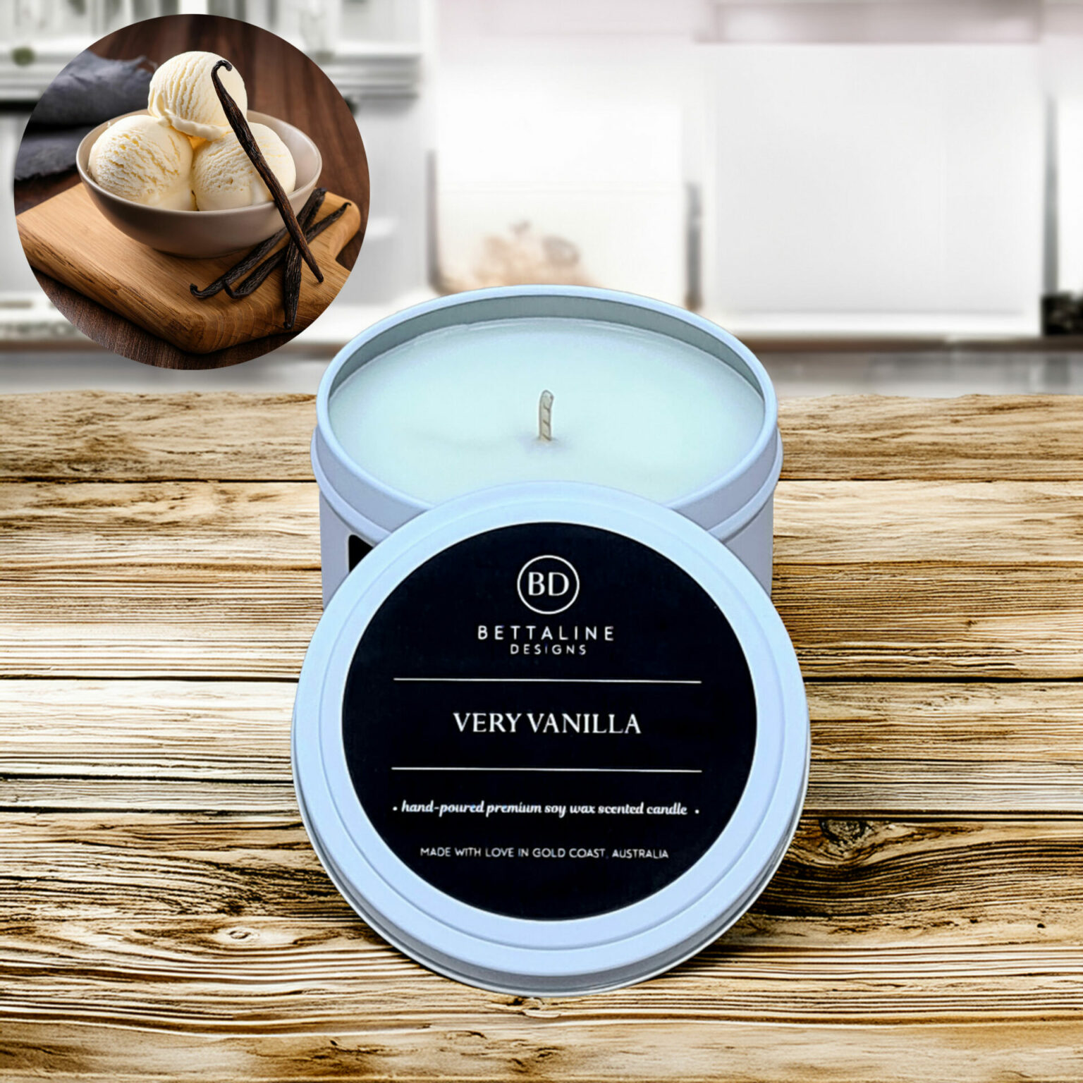 Very Vanilla - 100% Soy Wax Scented Tin Candle - Bettaline Designs